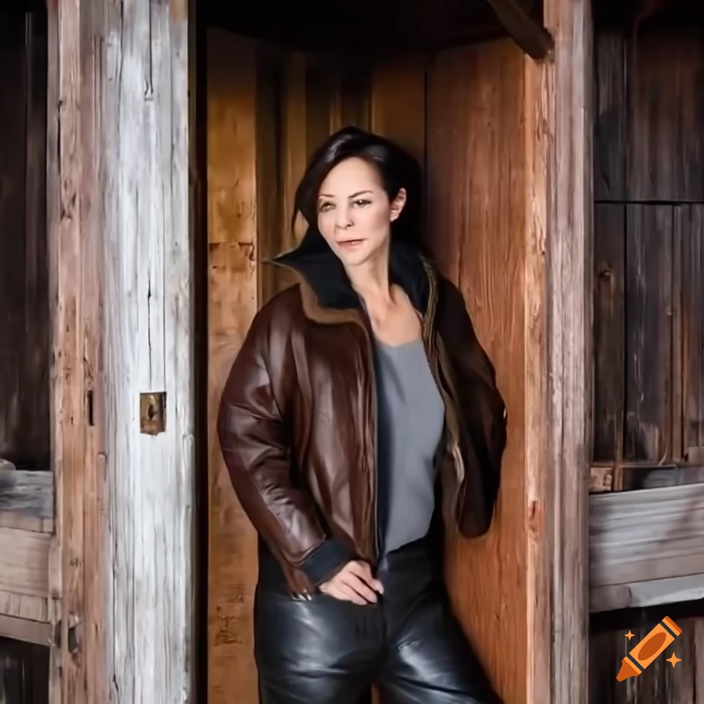 Actress Catherine Bell Lookalike In Sheepskin Bomber Jacket And Leather