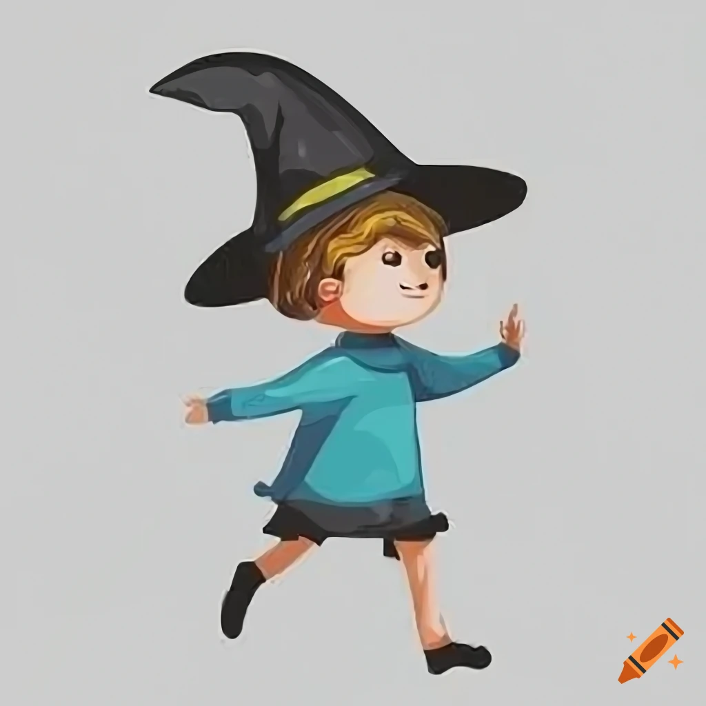 Child running with a wizard hat in clip art style on Craiyon
