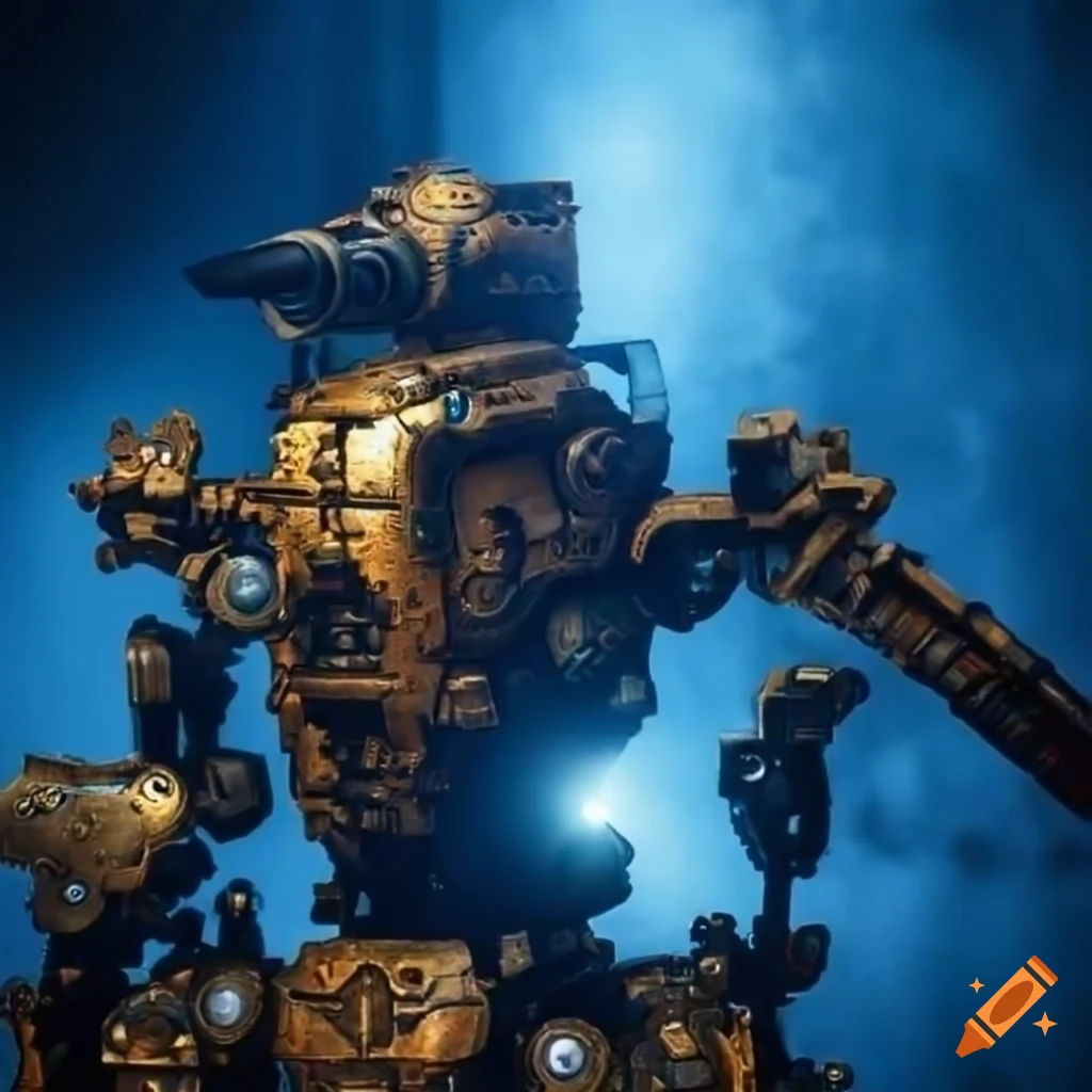 Steampunk mech with clockwork details and brass sword in blue mist on ...