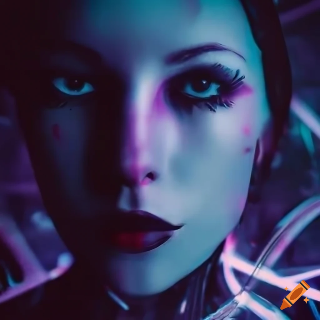 Close-up of a female cyborg goddess in a dark cyberpunk cityscape on ...