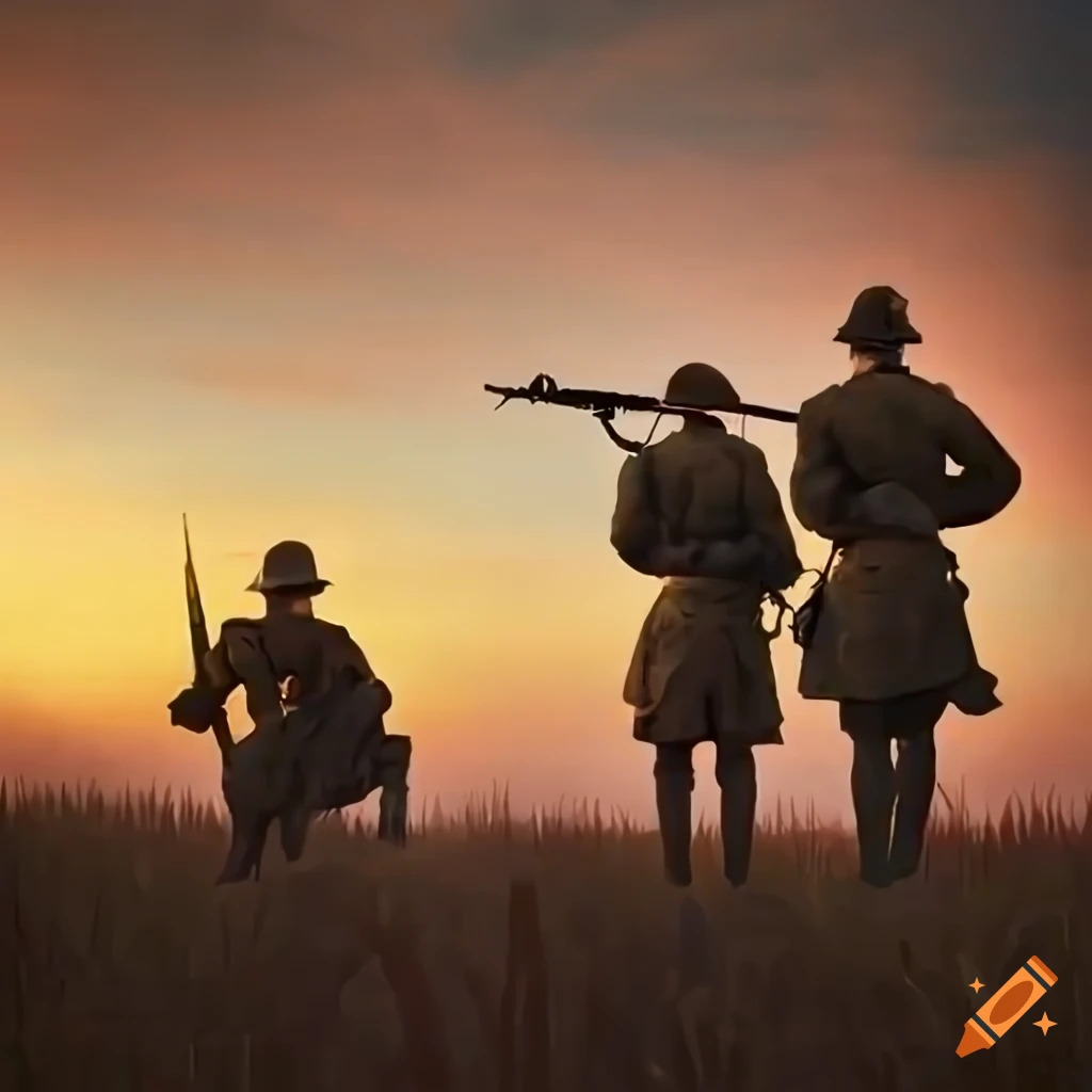 Soldiers on a battlefield at sunset in high-definition historical ...