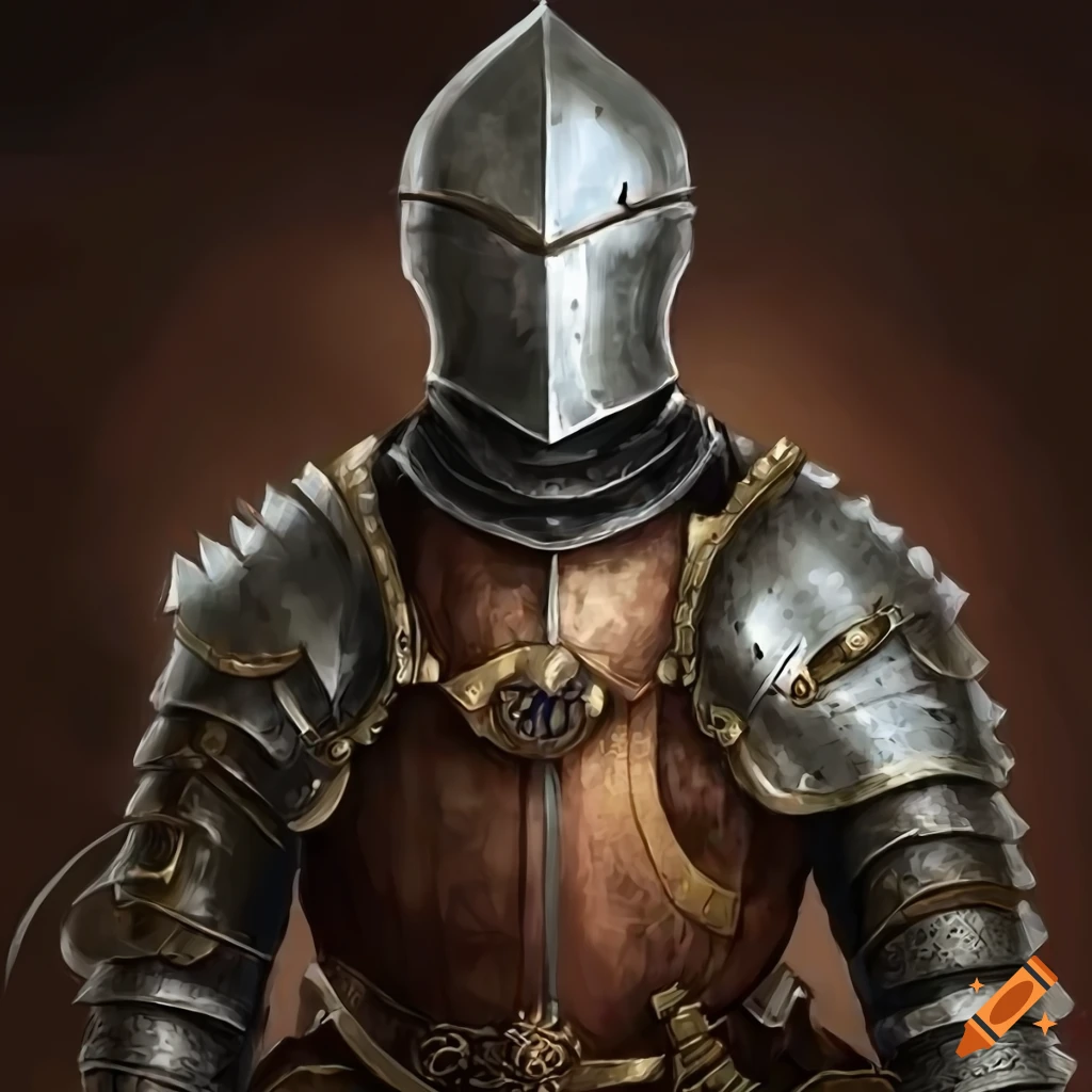 Armor-clad fantasy knight with a steampunk helmet in a portrait on Craiyon