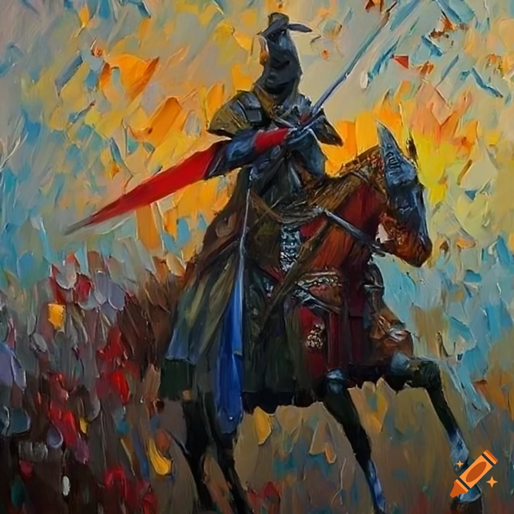 Impressionist painting of a victorious medieval commander leading his ...