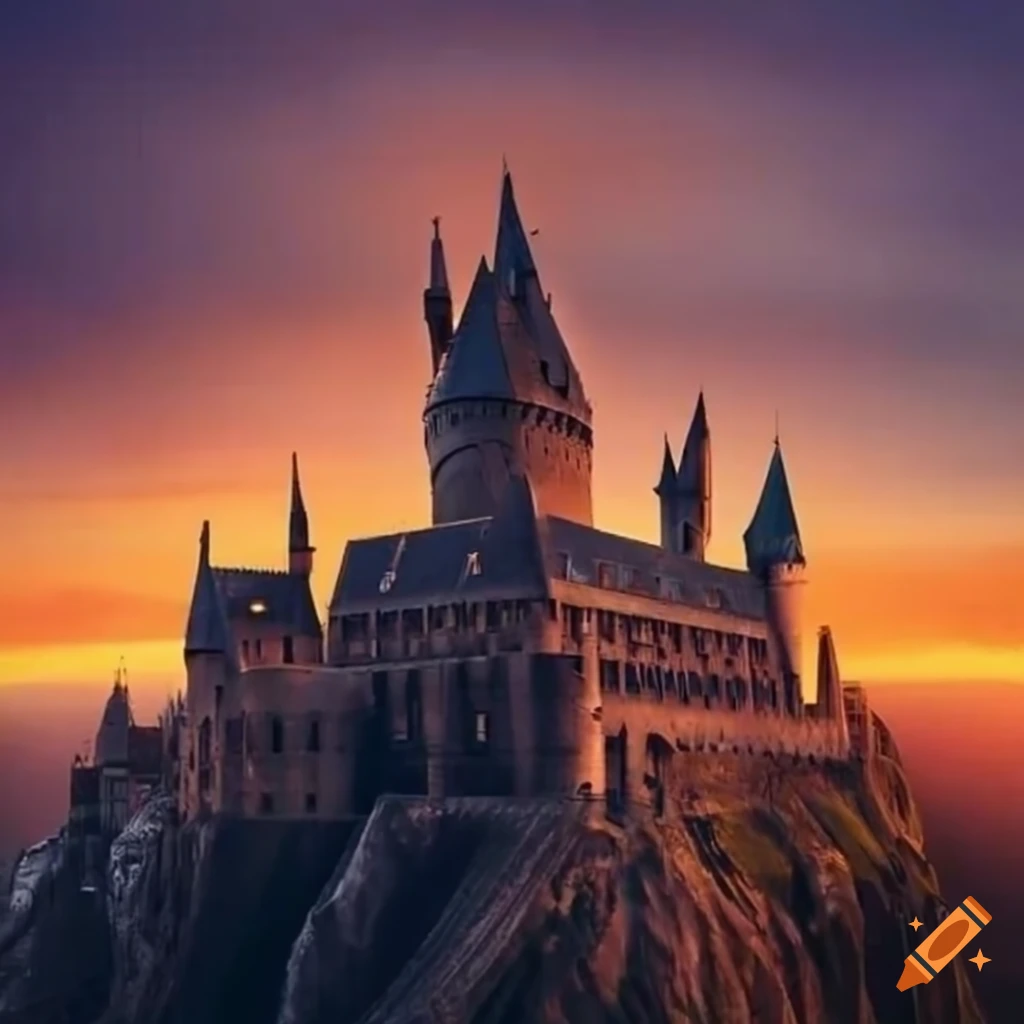Enchanting view of Hogwarts castle at sunset with Quidditch pitch and ...