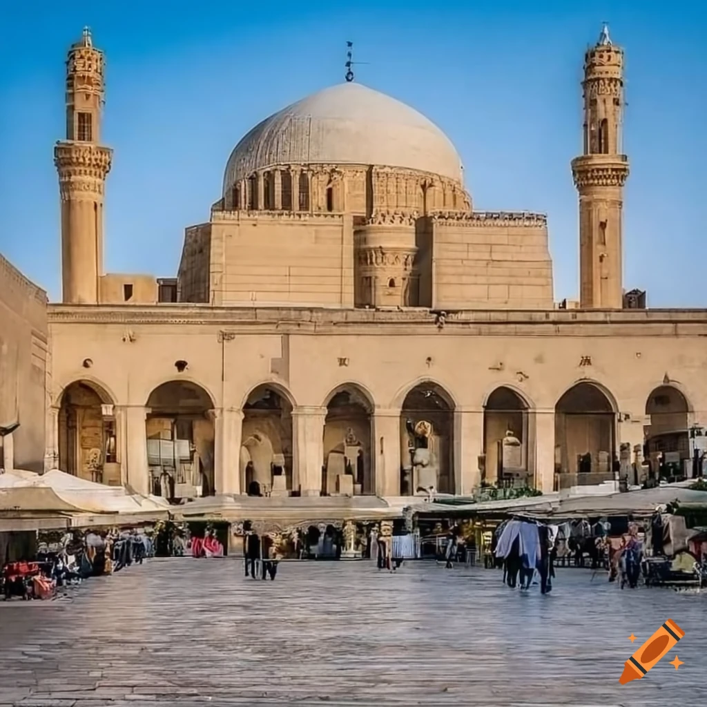 Majestic square with a stone statue of an Arab knight in an Arab city ...