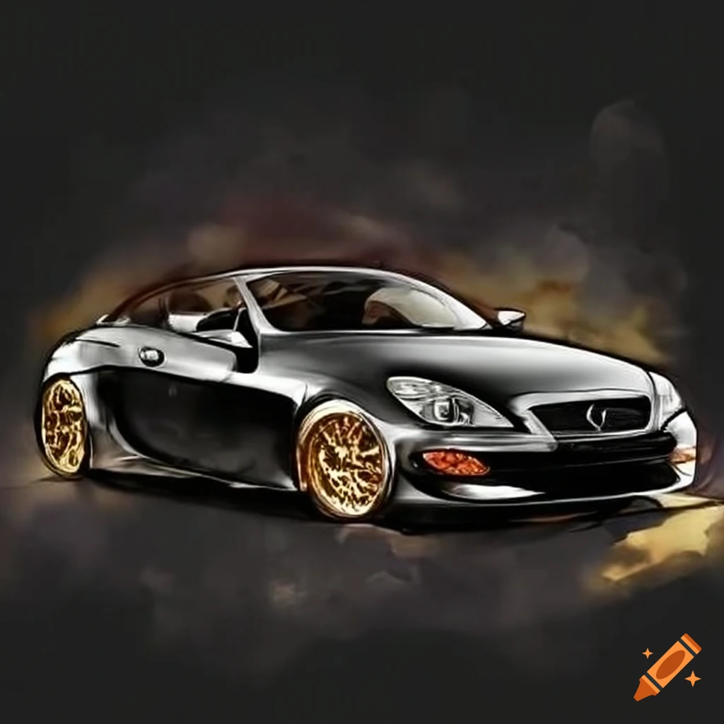 Lexus SC430 with GT kit in black featuring gold rims on Craiyon
