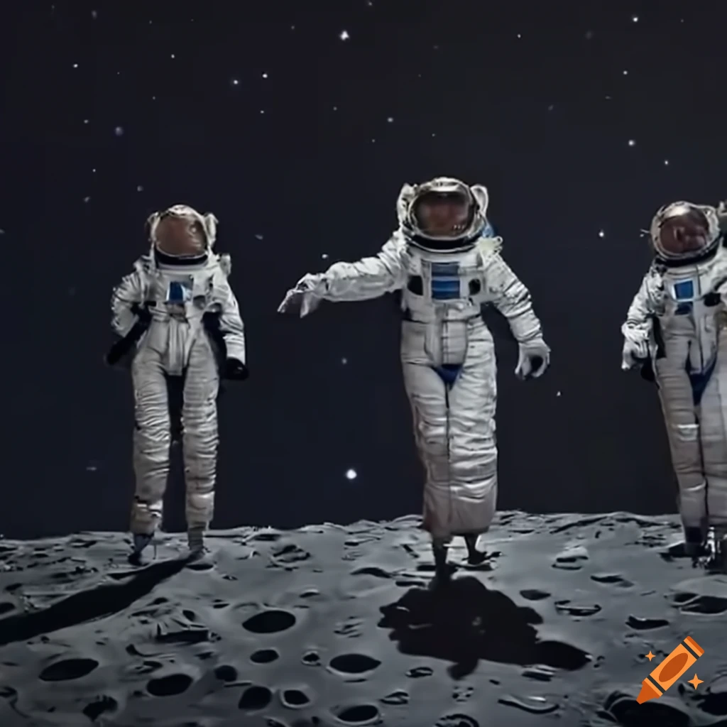 People in space suits dancing on the moon's surface in a celestial ...