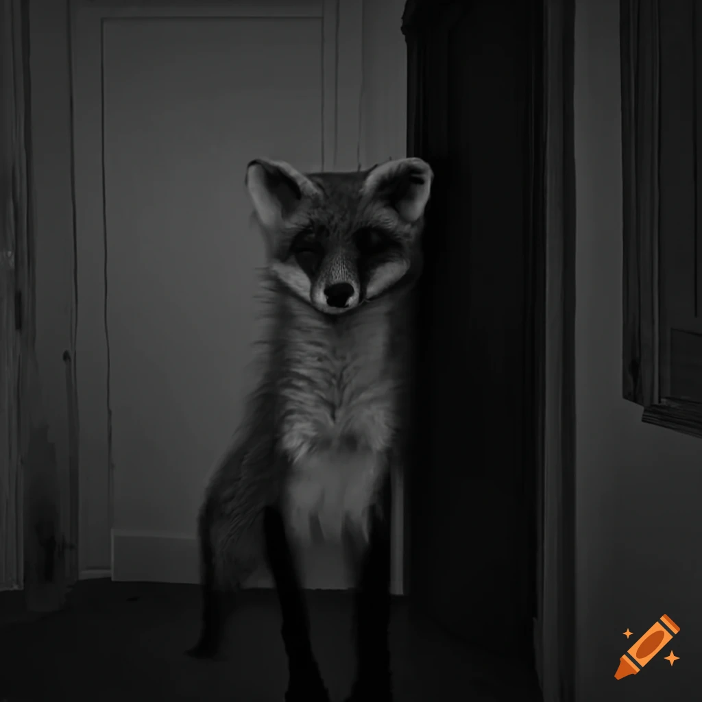 Creepy fox-like animal in dimly lit hallway with open door on Craiyon