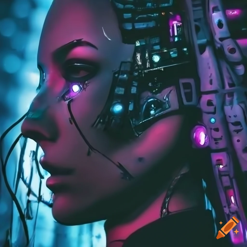 Close-up of a female cyborg goddess in a dark cyberpunk cityscape on ...