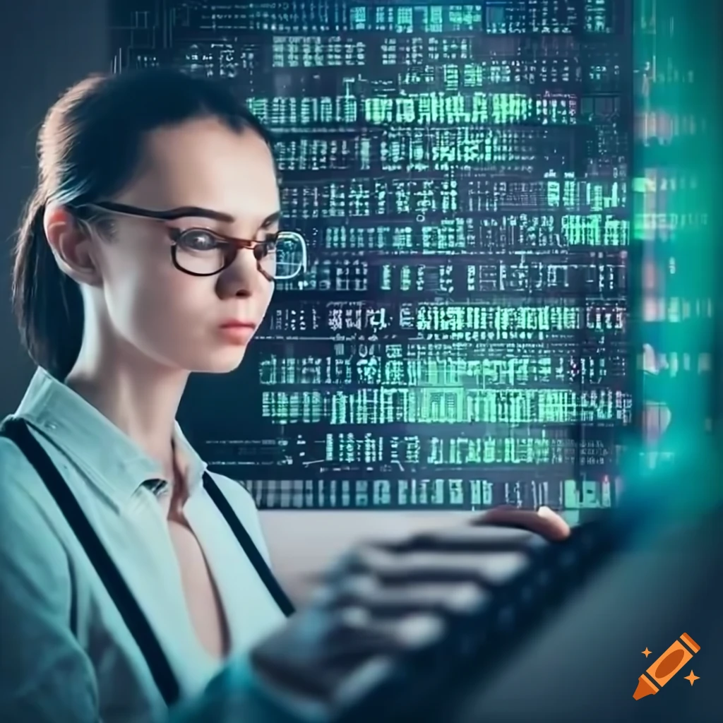 Intelligent woman working on high-tech computer with code-filled screen on Craiyon