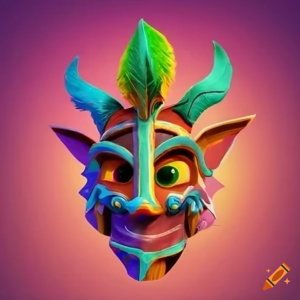 Vibrant sumerian wooden mask with feather crown and symbolic details in ...