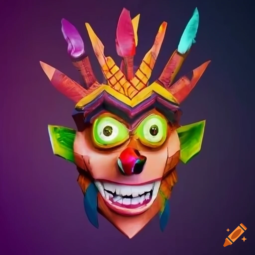 Vibrant sumerian wooden mask with feather crown and symbolic details in ...