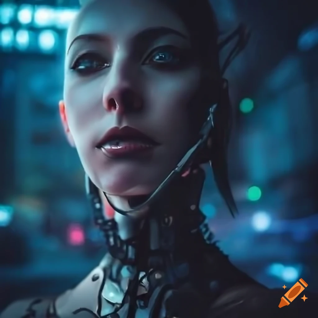 Close-up of a female cyborg goddess in a dark cyberpunk cityscape on ...