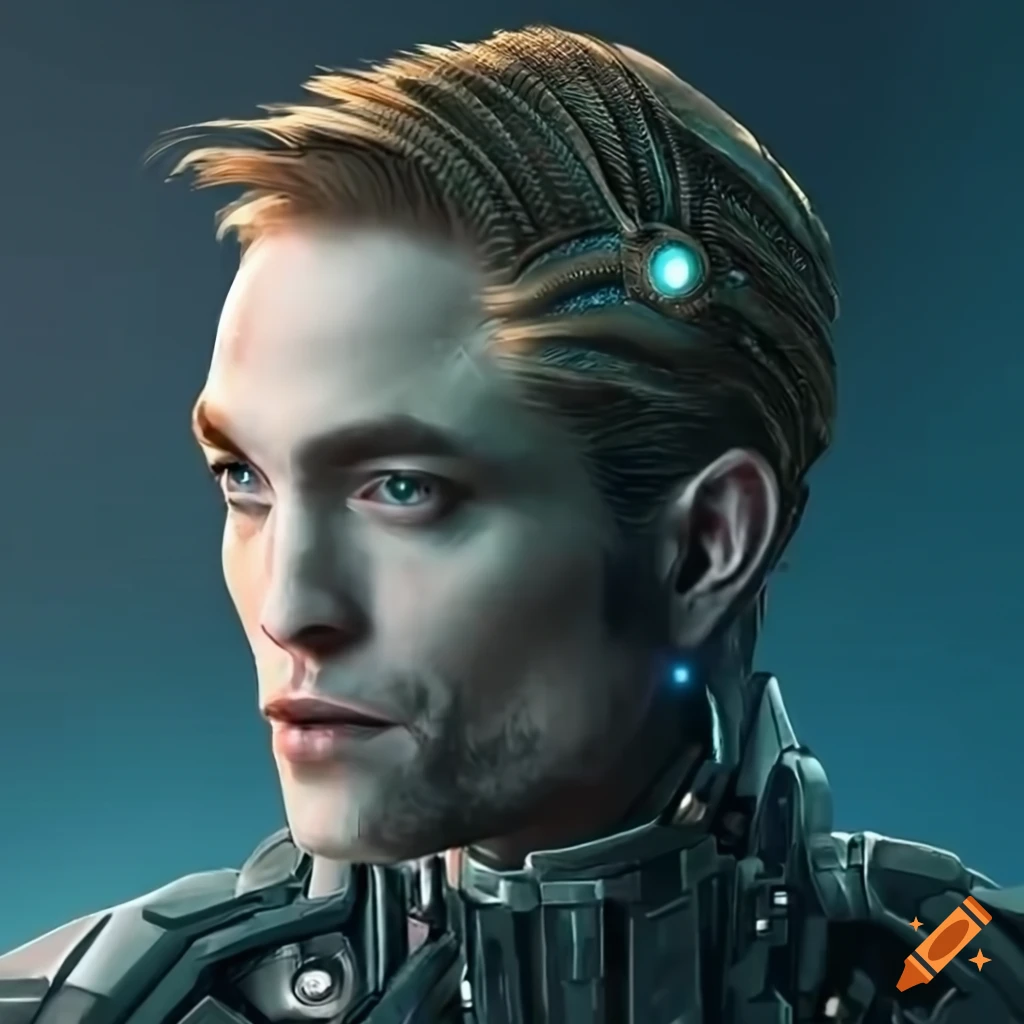 Actor Robert Pattinson as a cyborg machine-man with precious metals and ...