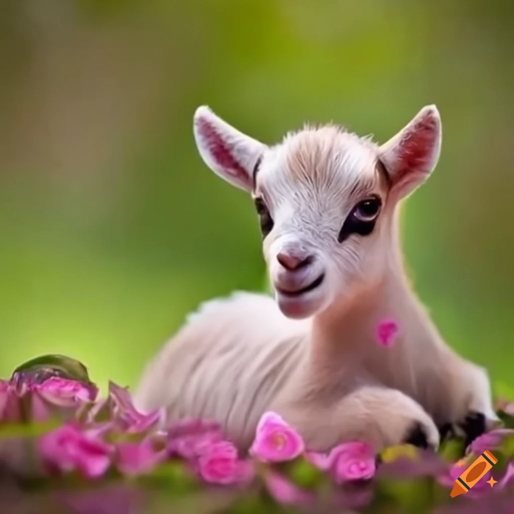 Cute baby goat in the mountains with beautiful pink and purple flowers ...