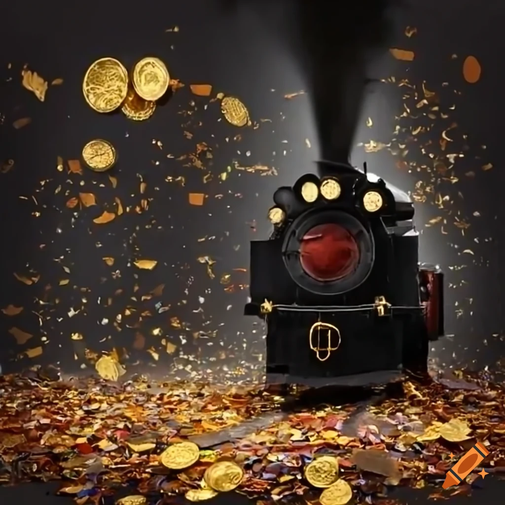 Steam train with gold coins in the coal bin and gold leaves falling ...