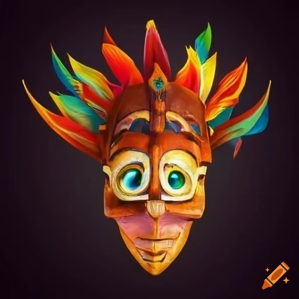 Vibrant Sumerian wooden mask with feather crown and symbolic details in ...