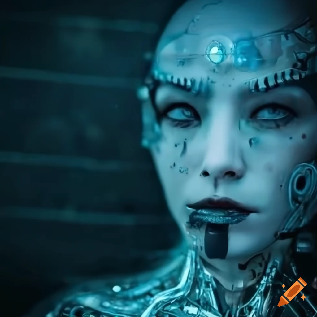Close-up of a female cyborg goddess in a dark cyberpunk cityscape on ...