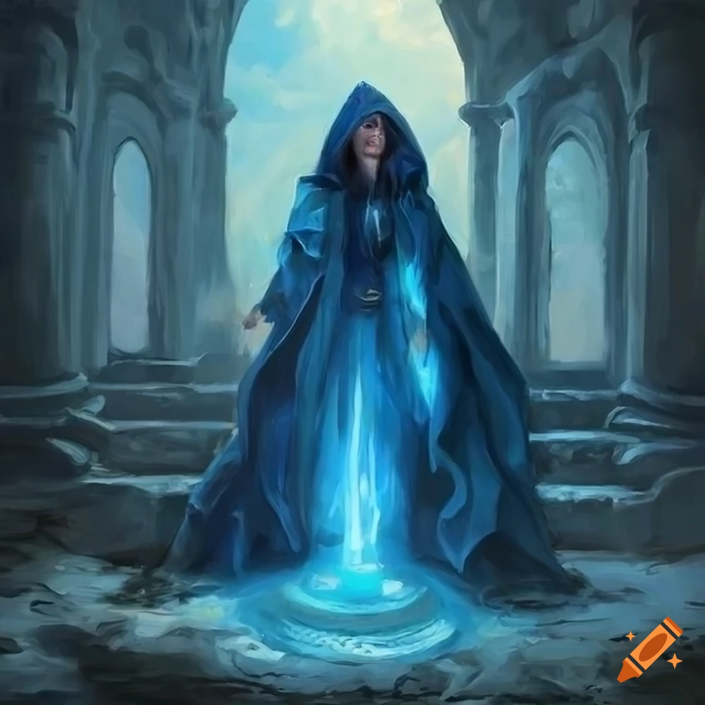 Blue female sorceress in front of a magic portal with points of light ...