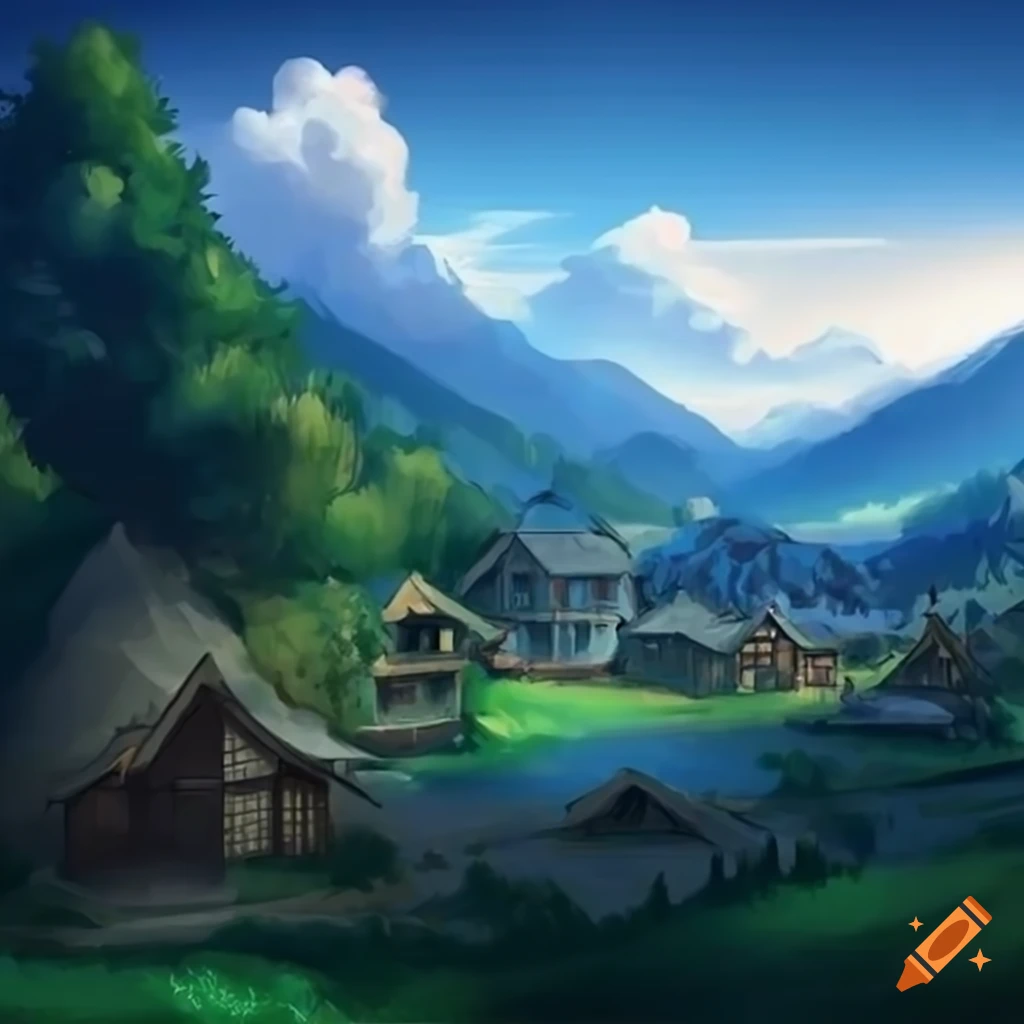 Realistic anime style of a peaceful countryside village in the ...