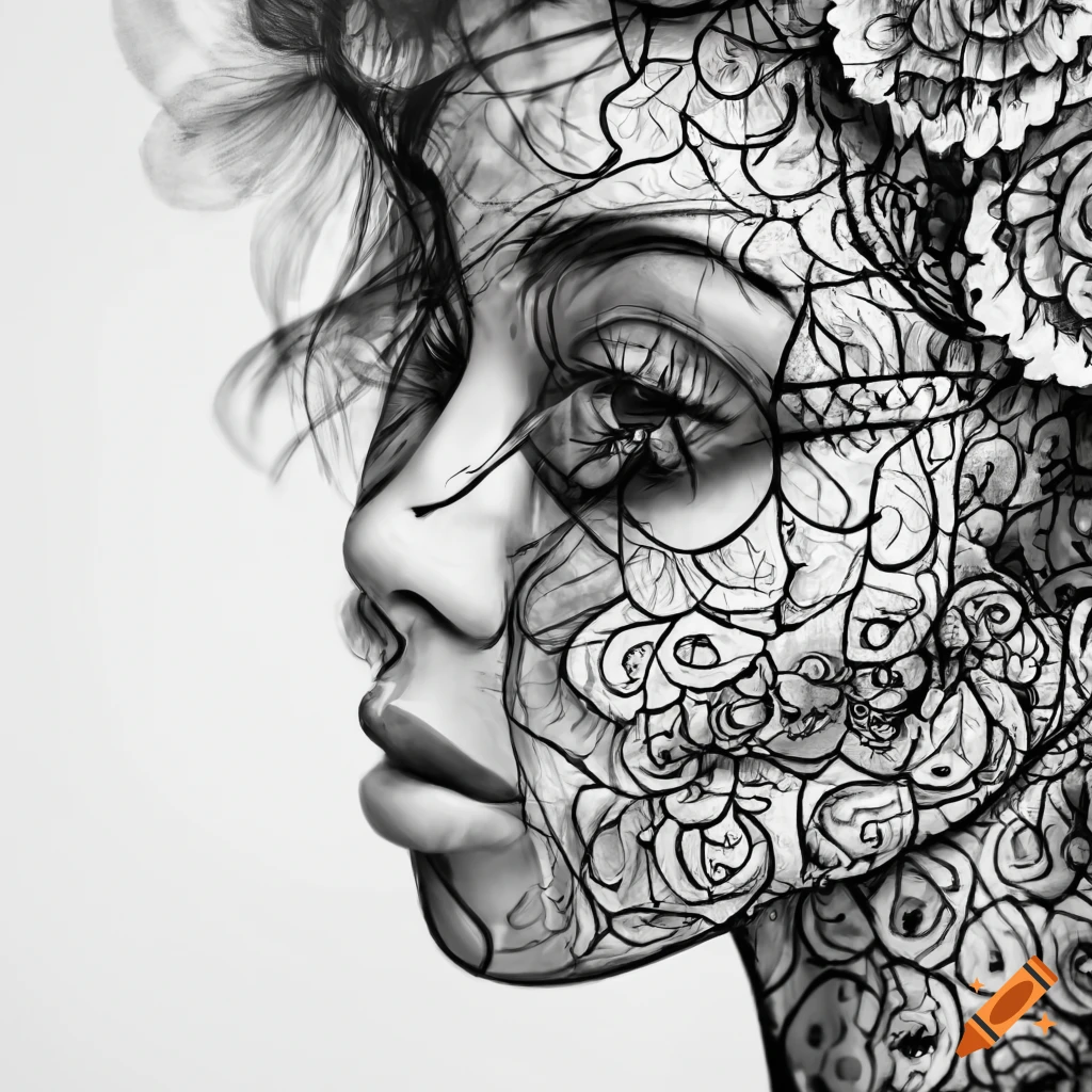 Abstract portrait of a woman's face with intricate floral patterns for ...