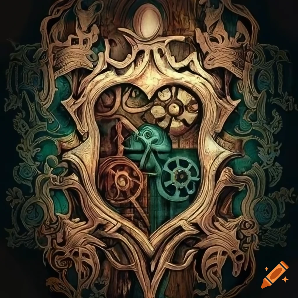 Heraldic armor crest with symbolic elements like a tree, book, heart ...