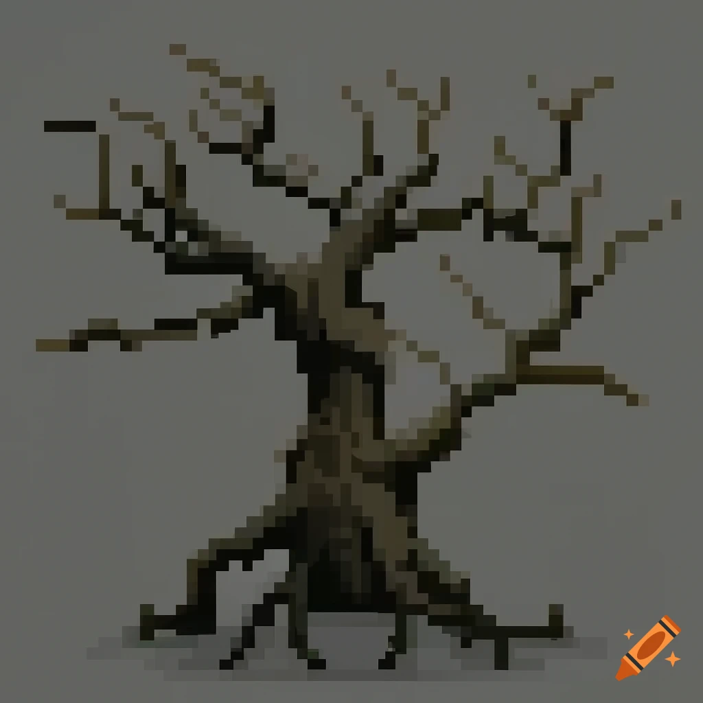 Pixel art of a dark gnarly tree with wildly branching branches on rocky ground on Craiyon