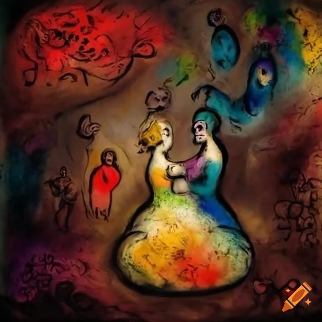 Pea pod fairies ballroom dancers embracing in a colorful dark forest ...