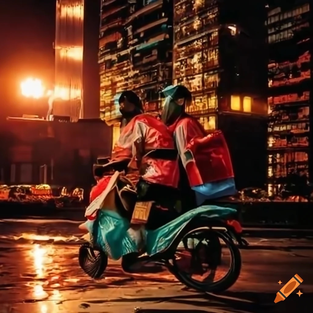 Delivery workers providing warm meals in high-rise buildings of a ...