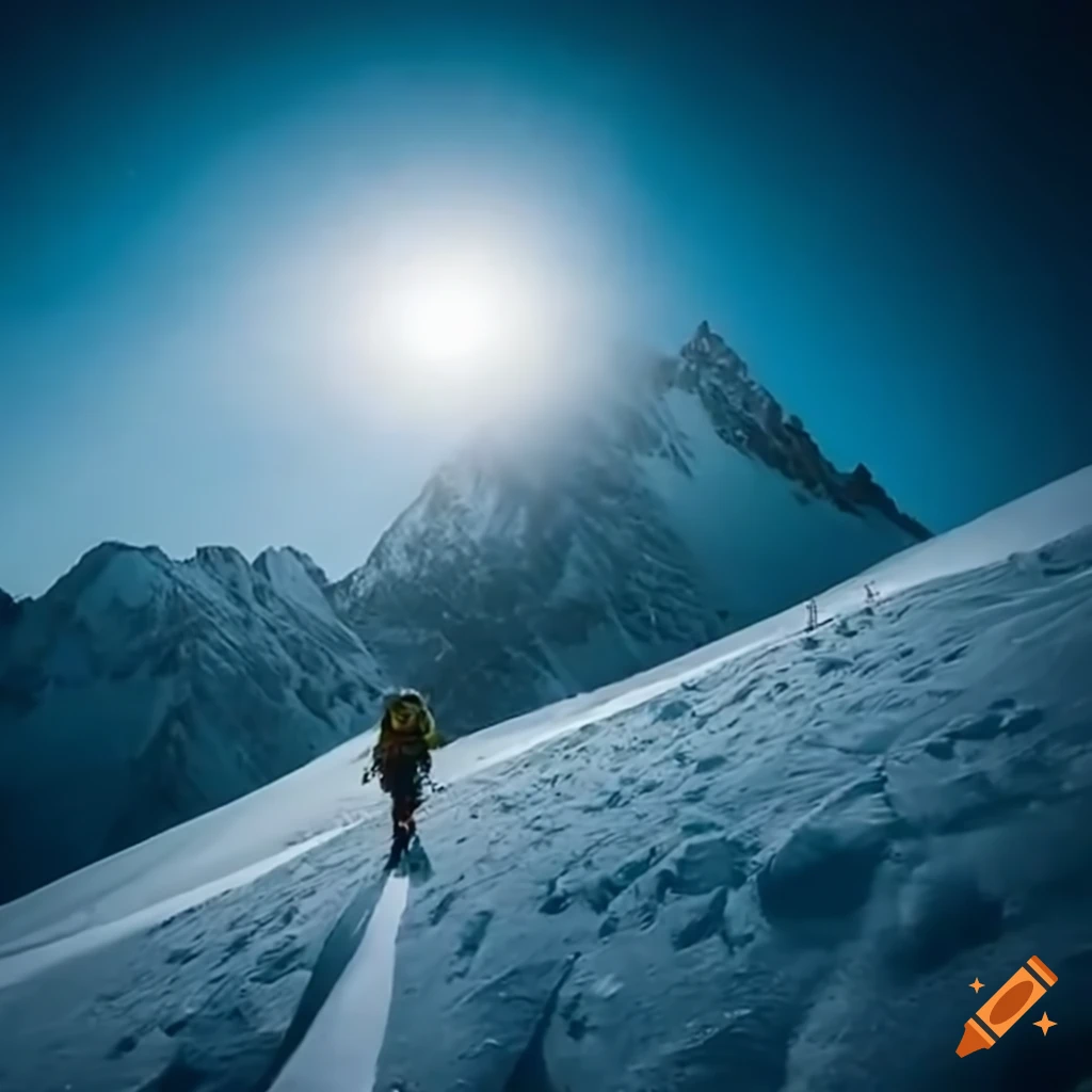 Expert mountaineer climbing a treacherous ridge towards summit in a ...