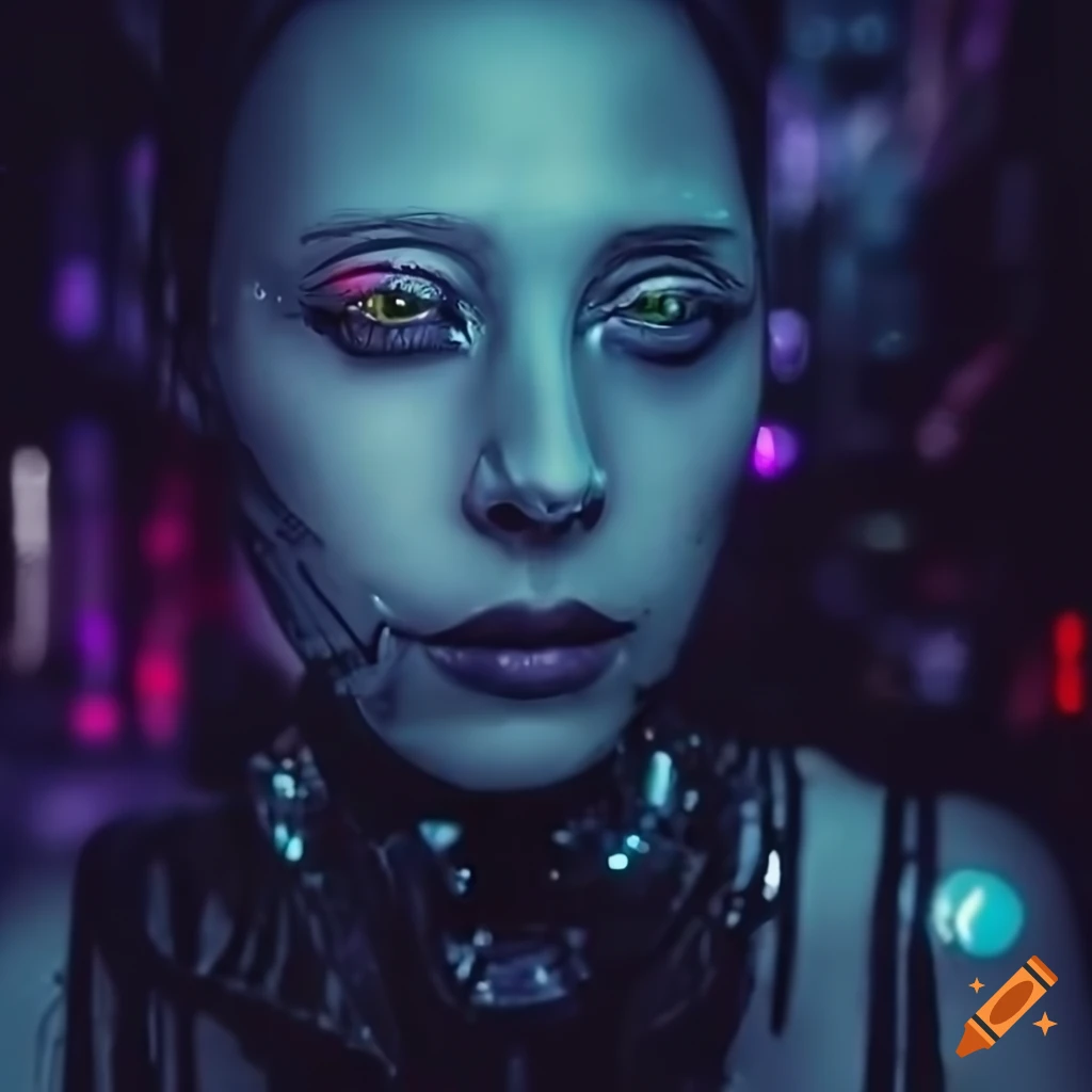 Close-up of a female cyborg goddess in a dark cyberpunk cityscape on Craiyon