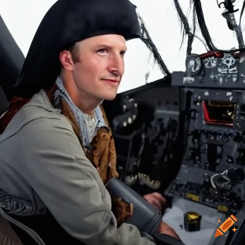 Confident aviator in pirate costume sitting in jet plane cockpit on Craiyon