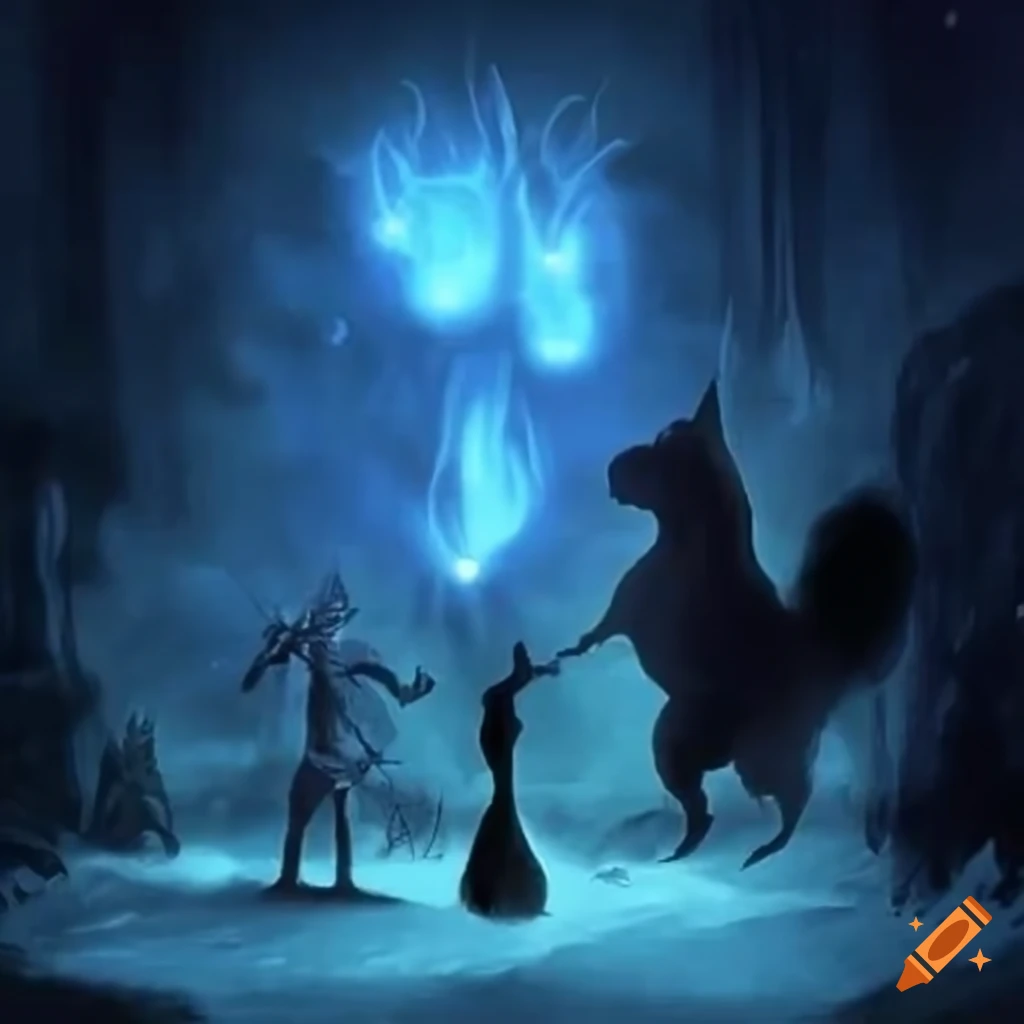 Eerie description of will o' the wisps, Black Shuck, fairies, and witchcraft in a misty setting ...