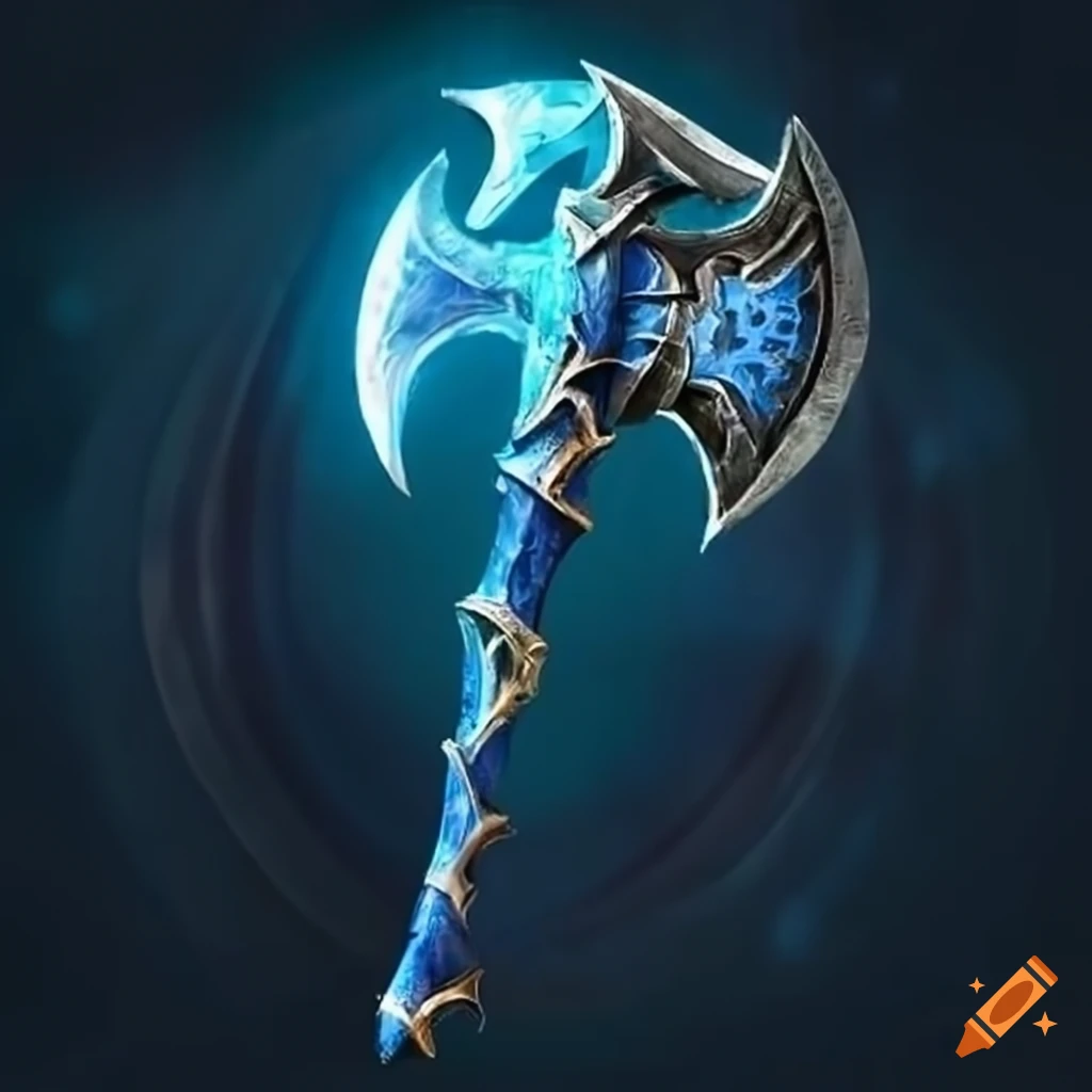 Blue water-covered legendary axe in a fantasy setting on Craiyon