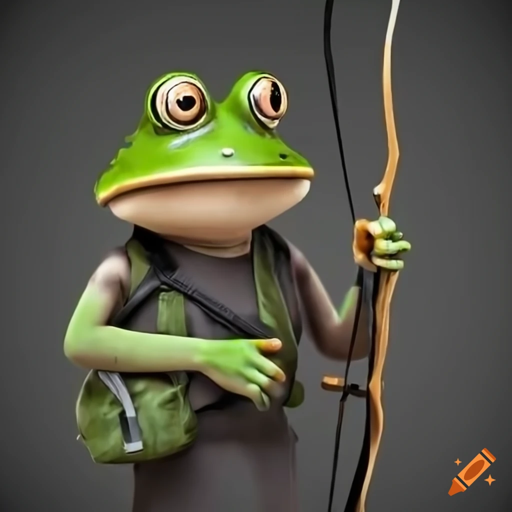 Frog person with bow and arrow, scar on face, pointing at camera on Craiyon