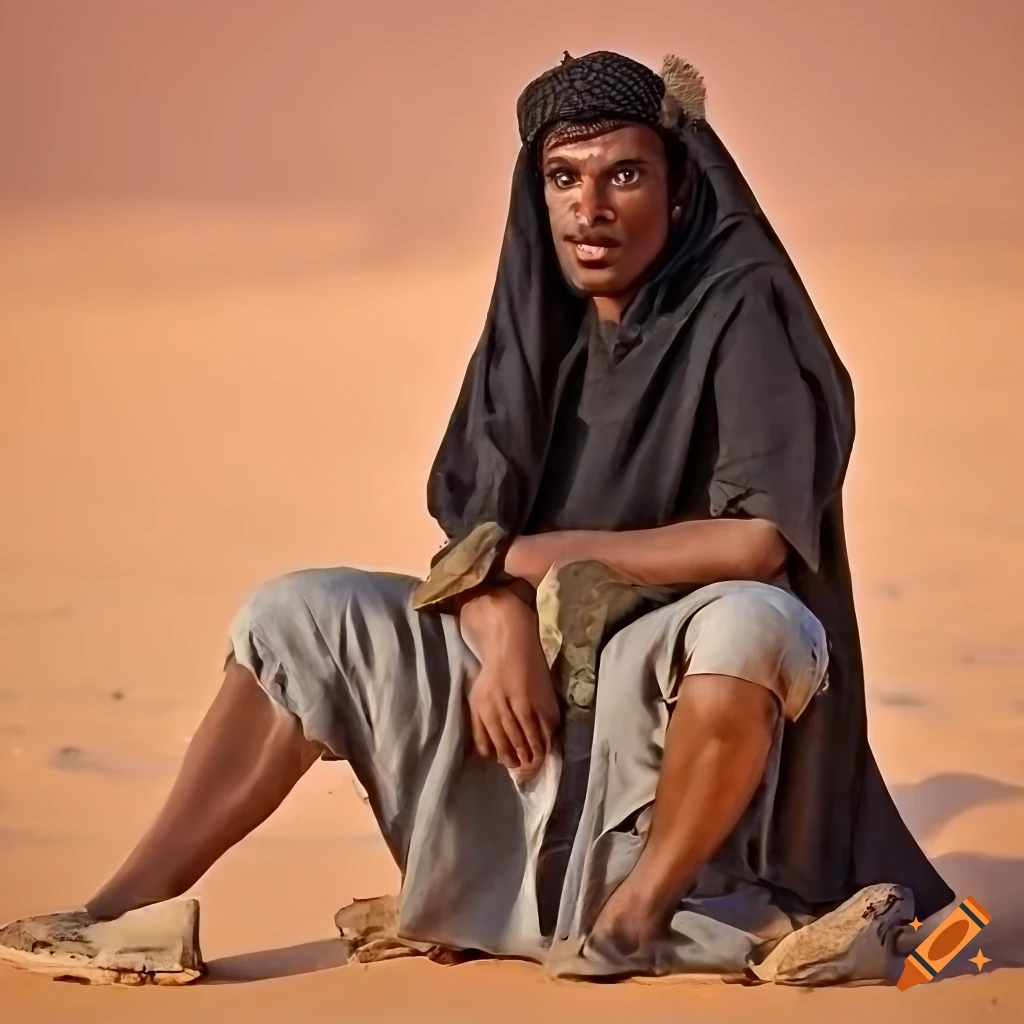Man with short black wavy hair and arab features walking past tents in ...