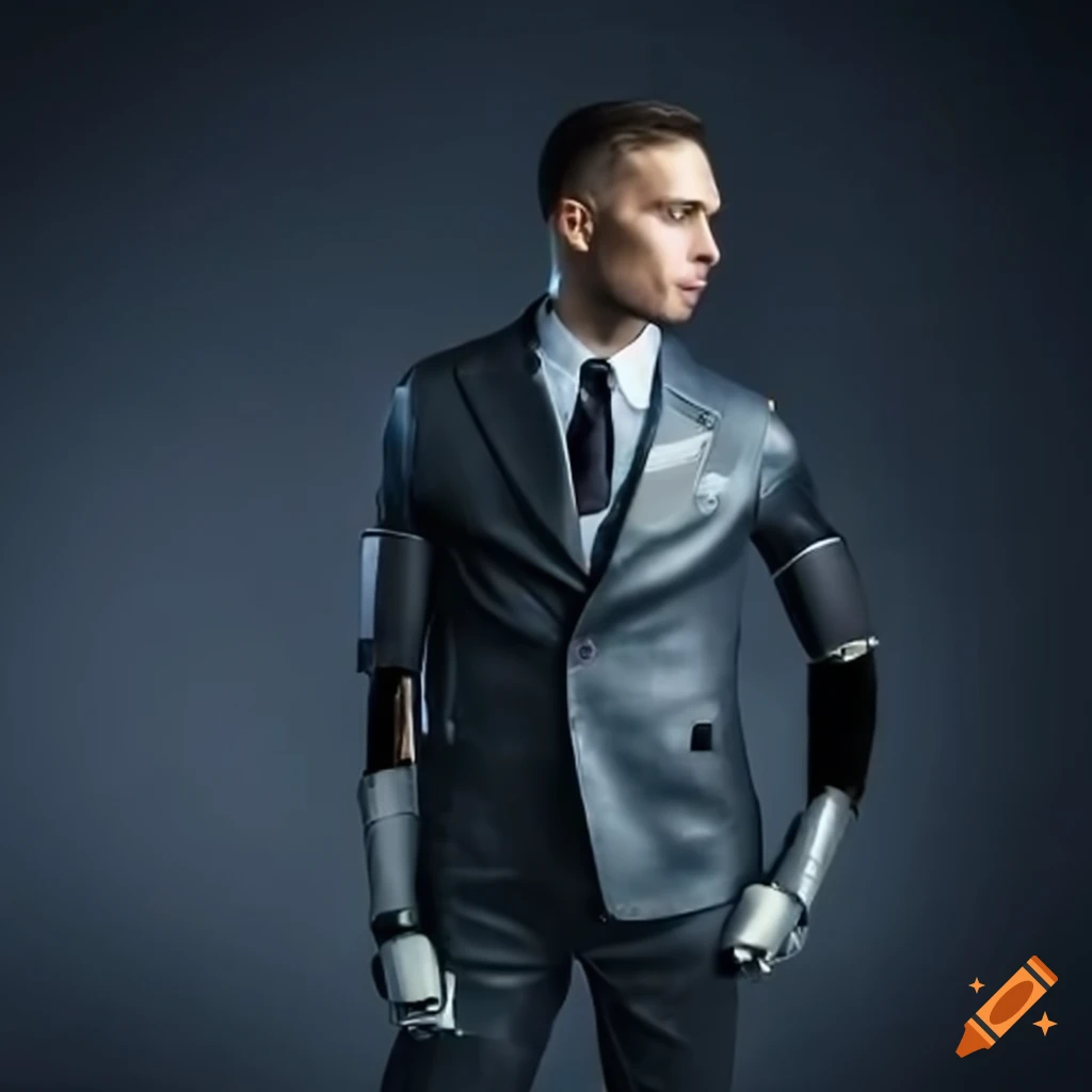 Futuristic and sophisticated male cyborg in a tailored suit showcasing advanced prosthetic limbs ...
