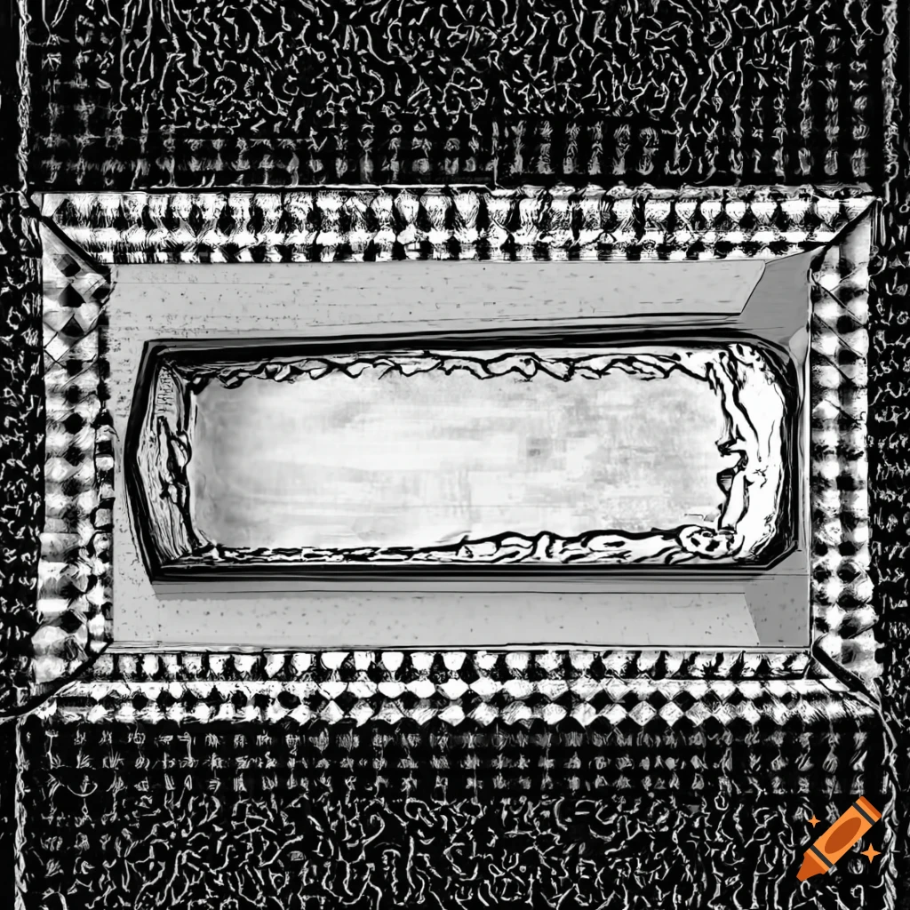 Black and white image of coffin inside an open grave from above on Craiyon
