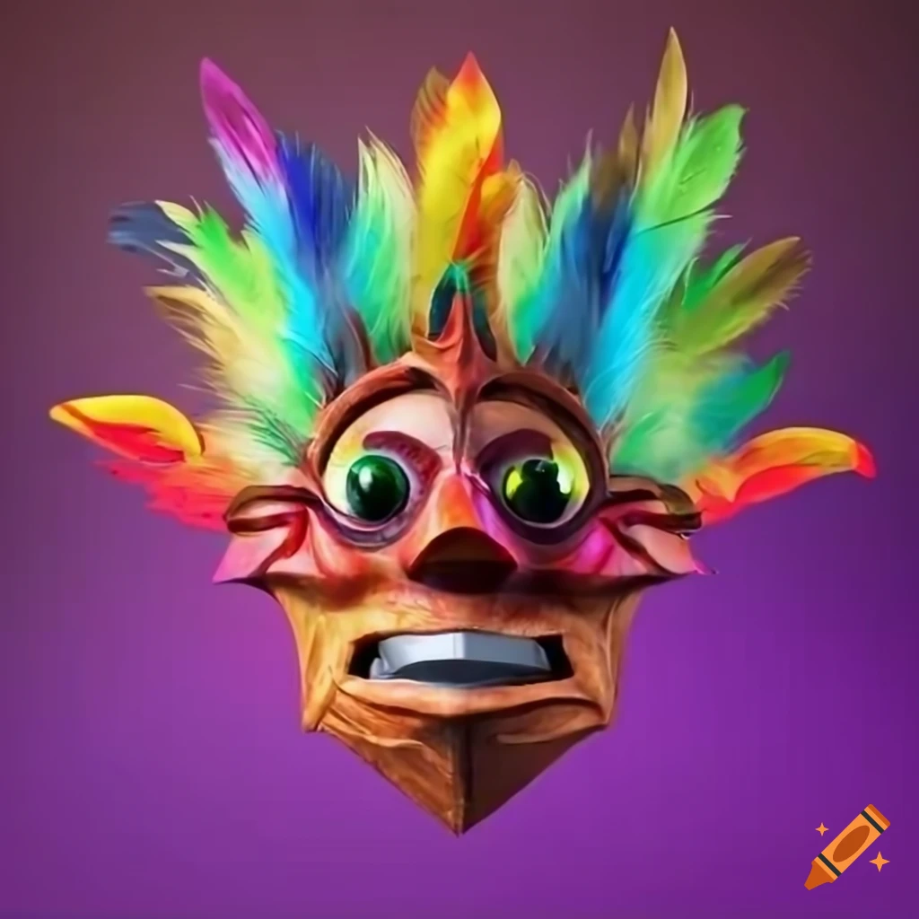 Vibrant sumarian wooden mask with feather crown and fiery expressions ...
