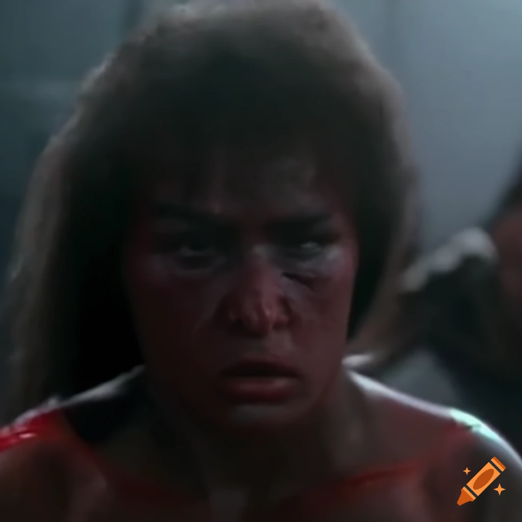 Closeup of expressive 80's movie scene with dizzied female fighter on ...