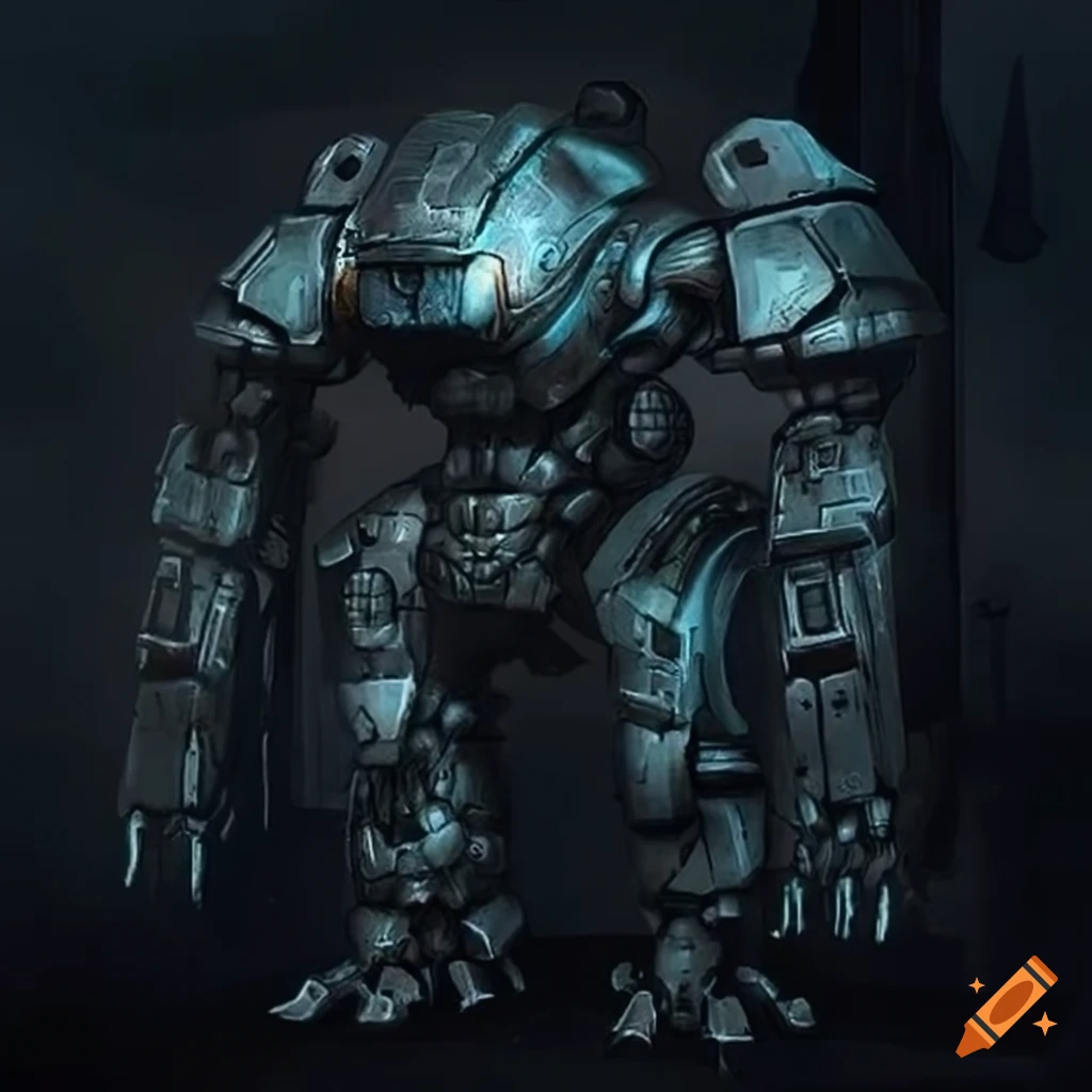 Realistic mech-warrior exploring a dystopian city inspired by h.r ...