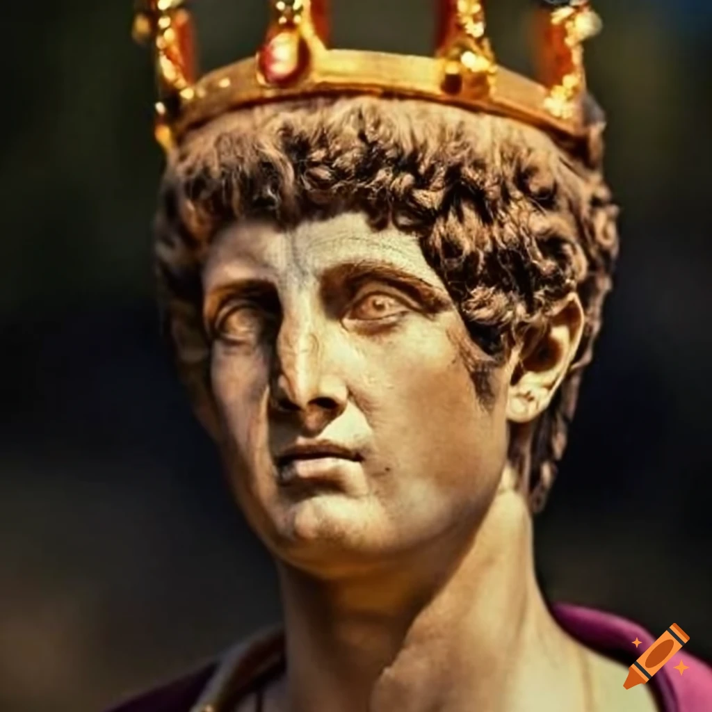 Regal portrait of a young greek emperor wearing a crown with macedonian ...