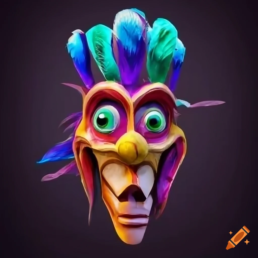 Intricately detailed sumarian wooden mask with feather crown and bold ...