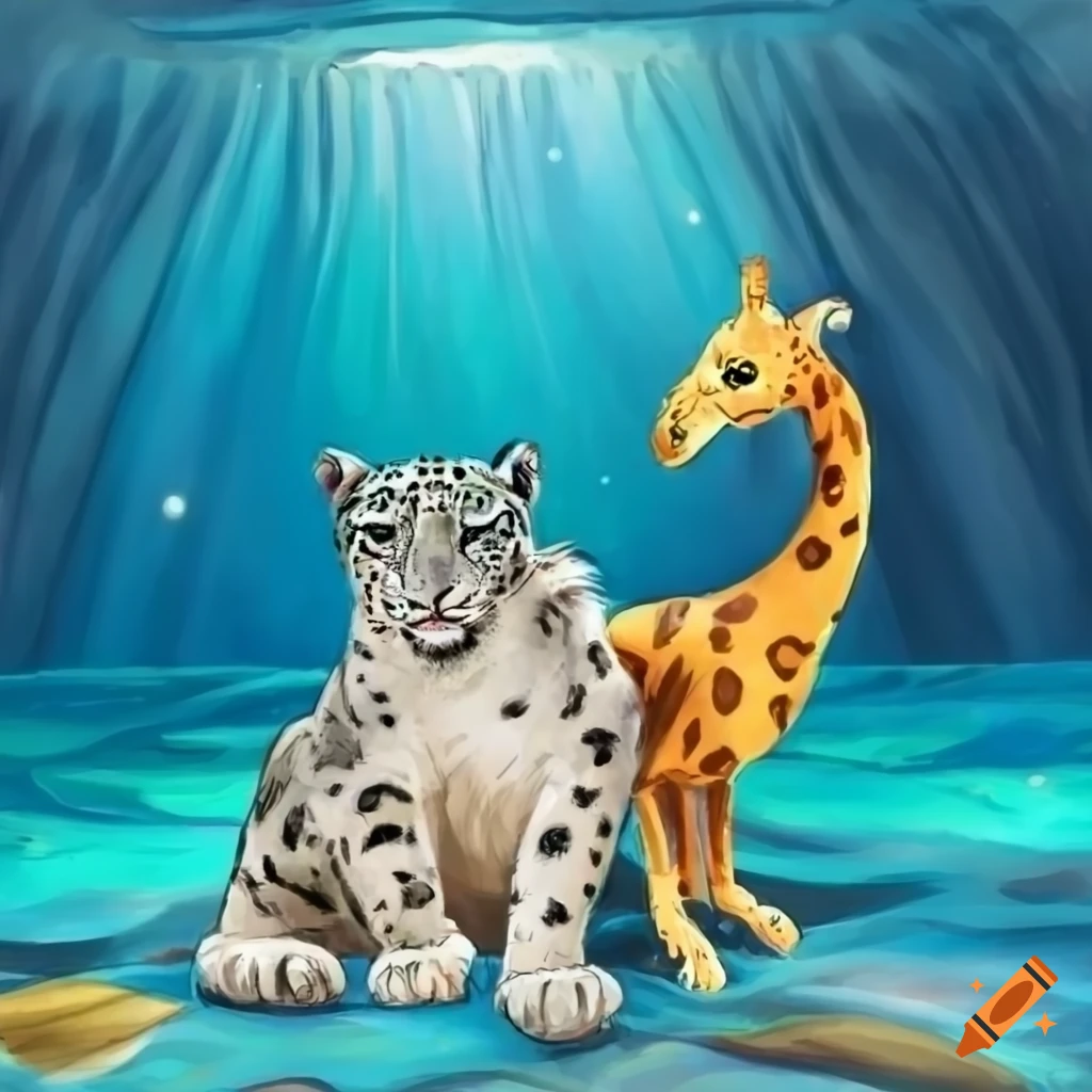 Snow leopard and giraffe sitting on the ocean floor on Craiyon
