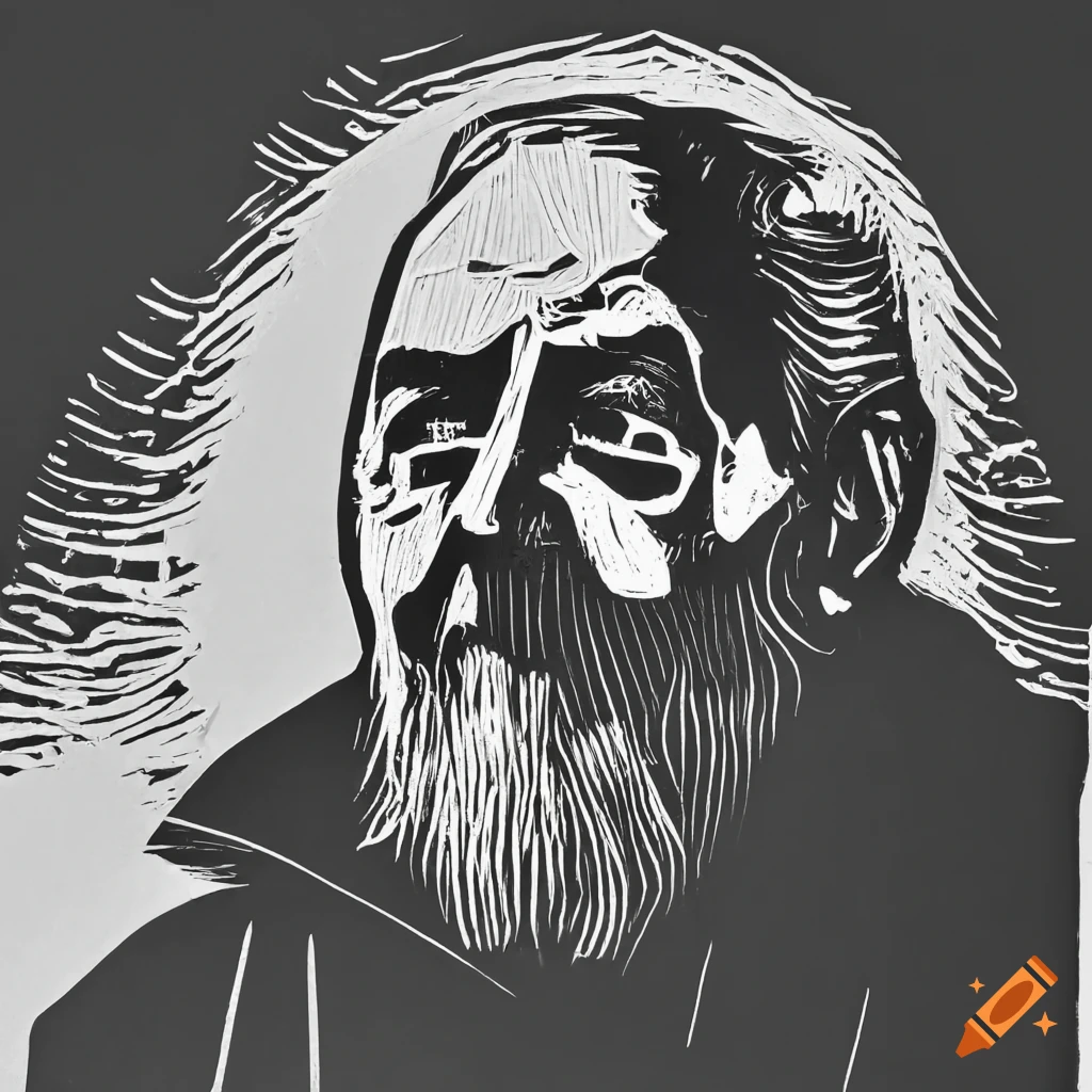 Linocut of Saint Padre Pio radiating peace and joy in black and white ...