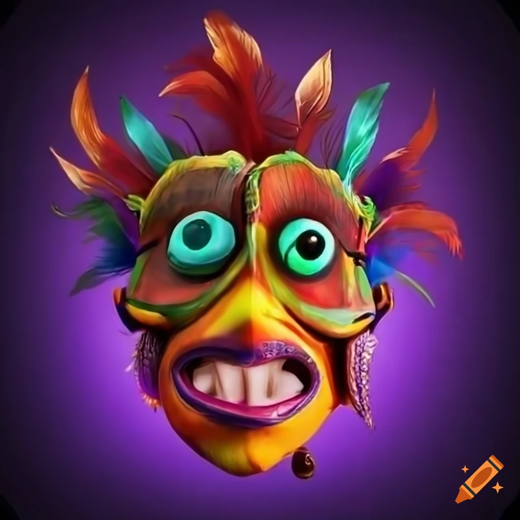 Intricately detailed sumerian wooden mask with feather crown and bold ...