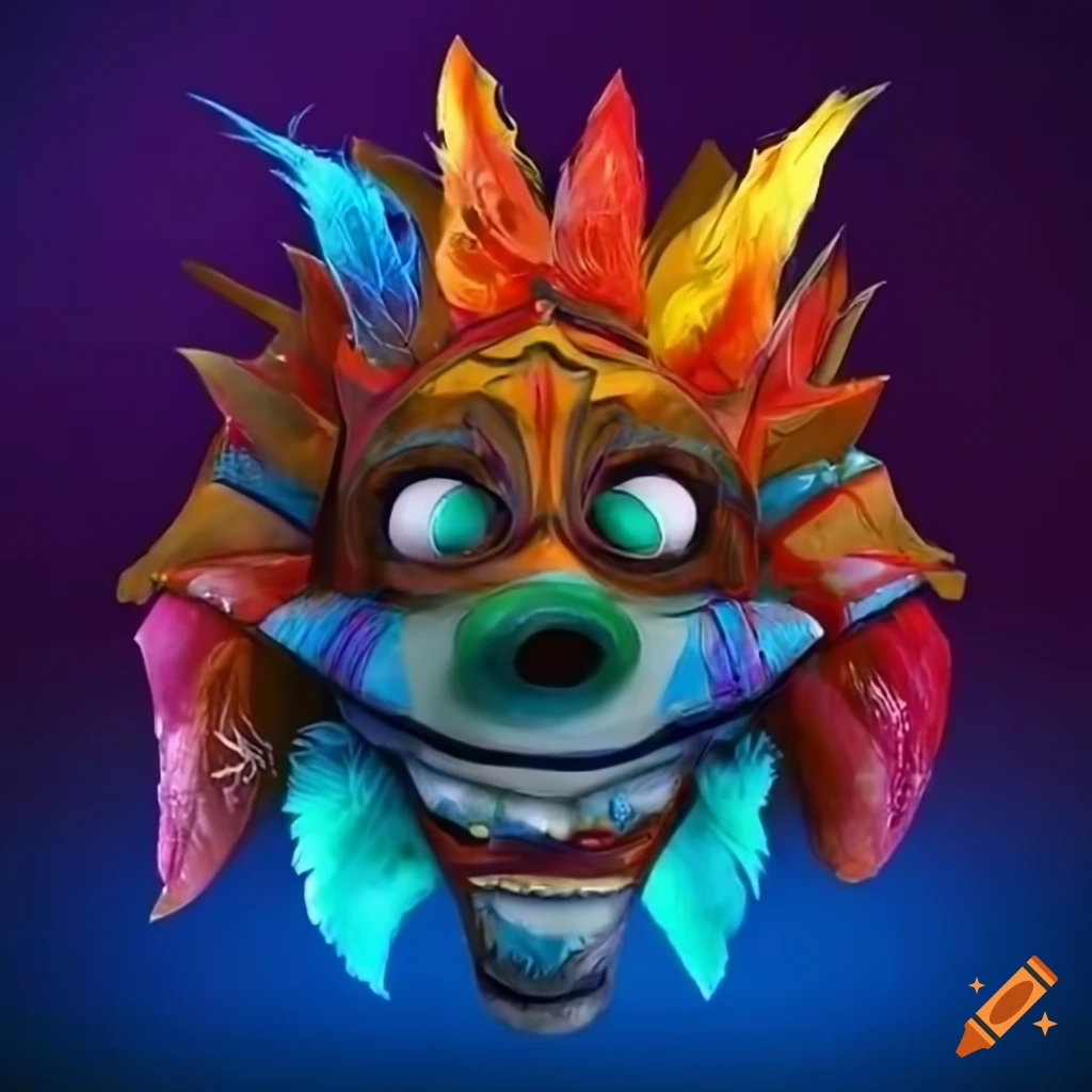 Intricately detailed sumarian wooden mask with a feather crown and ...