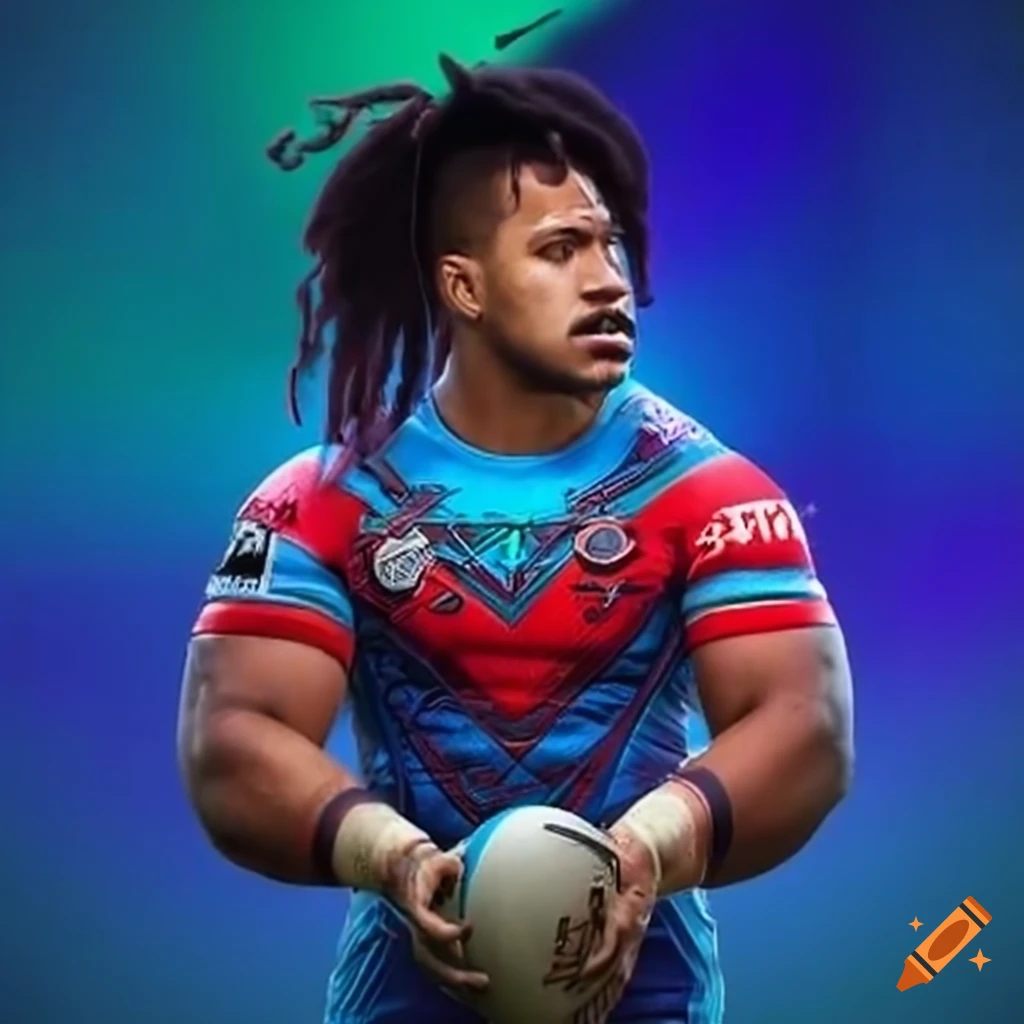 Rugby league player of polynesian descent in warriors jersey with ...