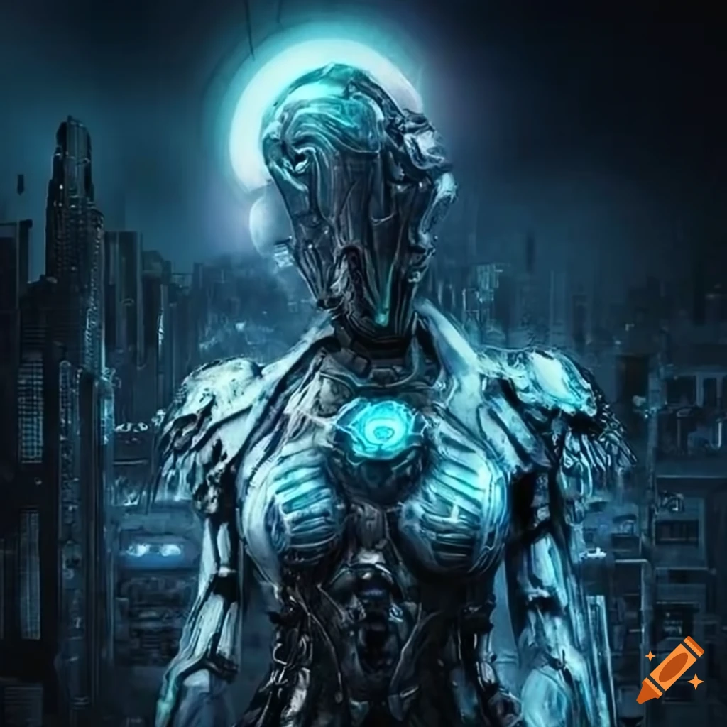 Cyber warrior woman in biomechanical armor exploring futuristic metropolis on Craiyon