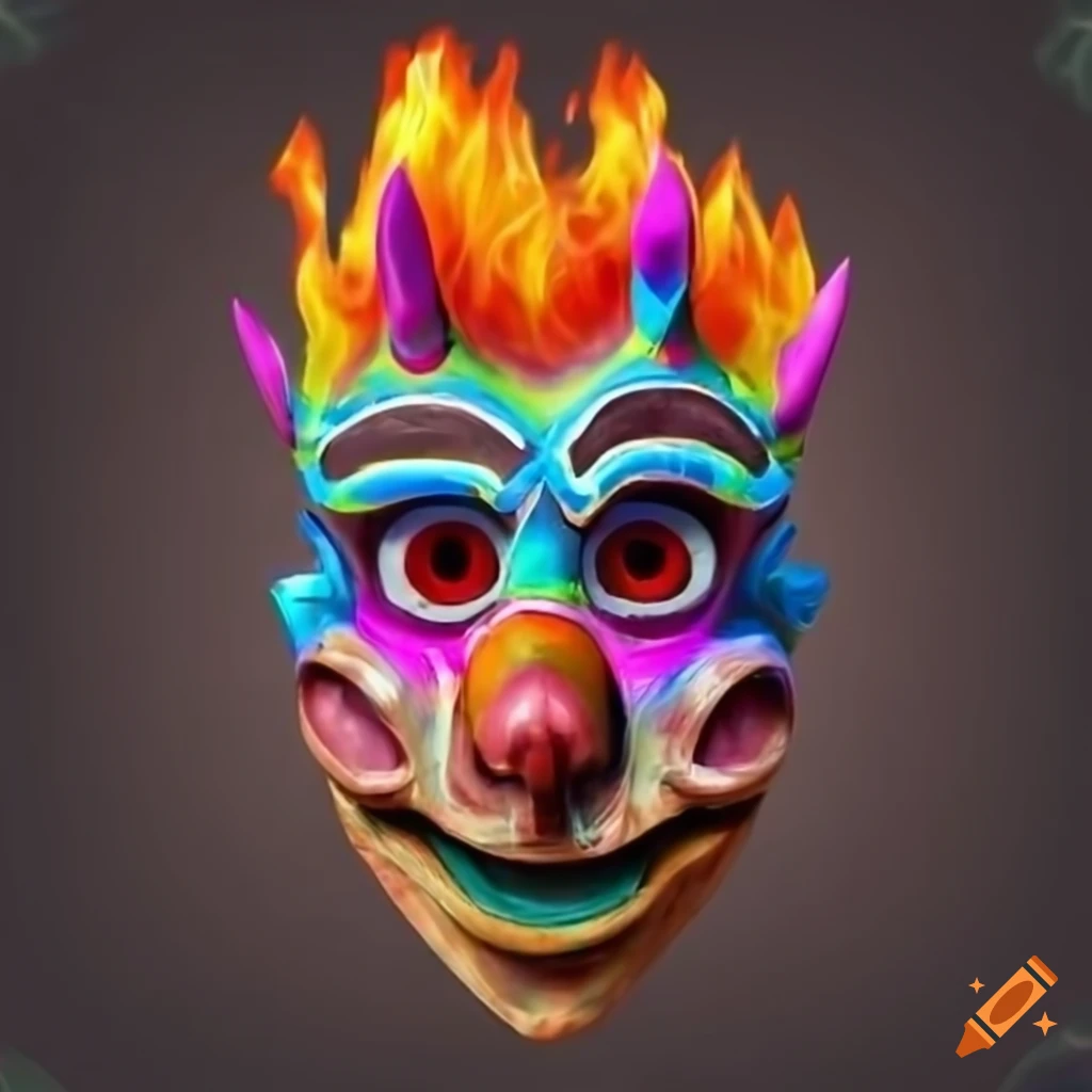 Vibrant and detailed sumerian wooden mask with fiery crown and symbolic ...